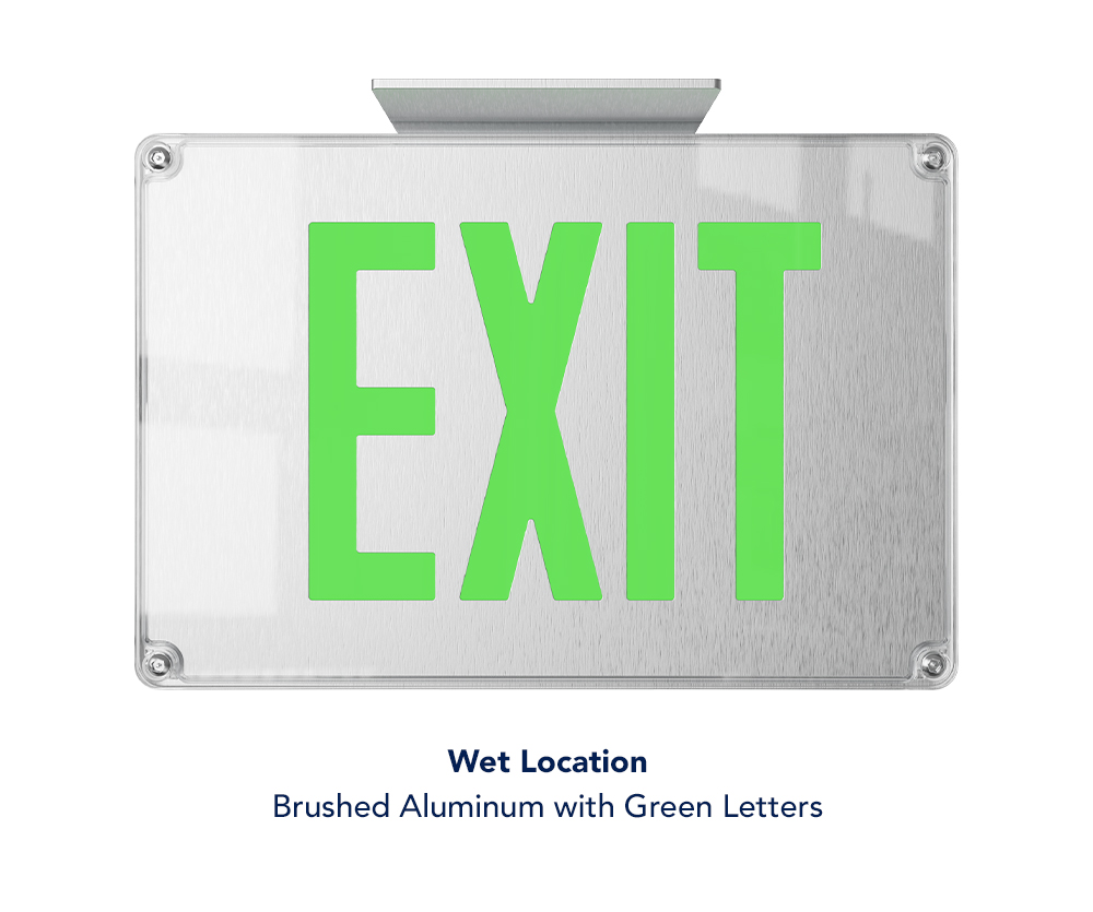 Brushed aluminum exit signs | Wet location and hybrid options | Isolite