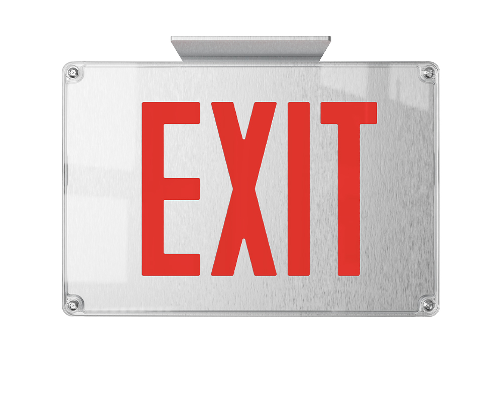 Brushed aluminum exit signs | Wet location and hybrid options | Isolite